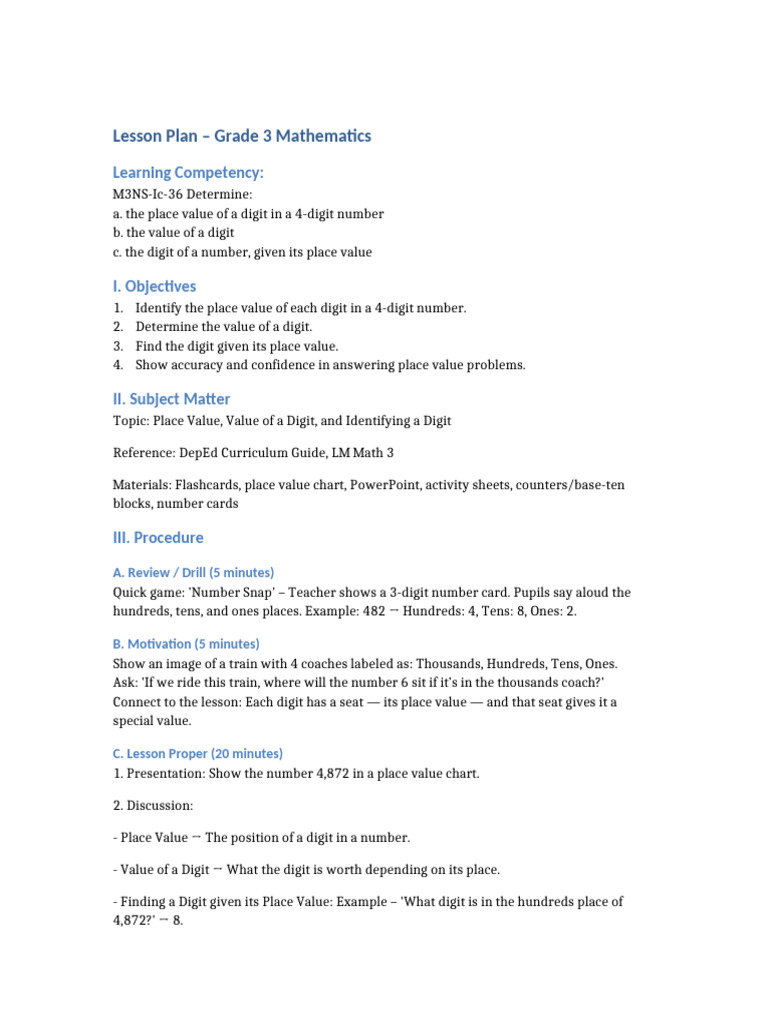 Place Value Lesson Plan | PDF | Learning | Educational Technology