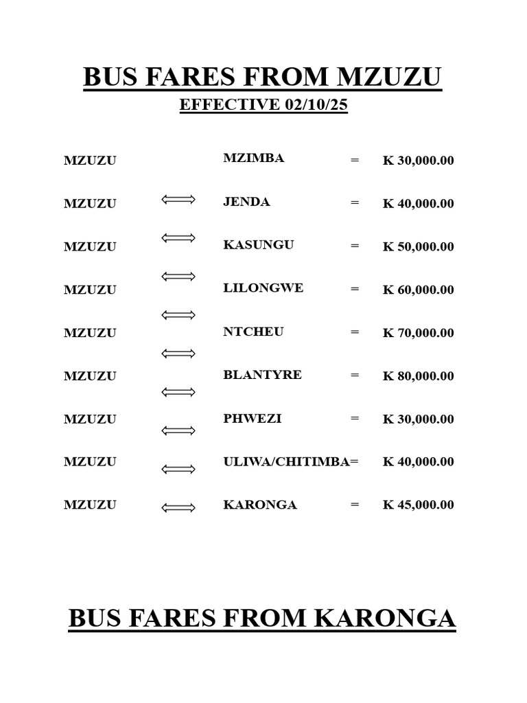 New Bus Fares All Routes | PDF