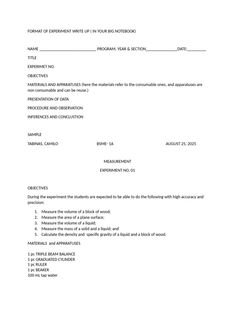 Format of Experiment Write Up | PDF | Volume | Density