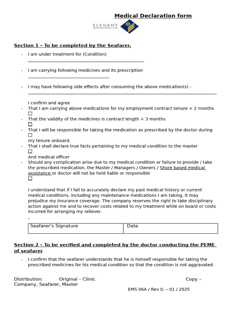Seafarer Medical Declaration Form | PDF | Social Programs | Medicine