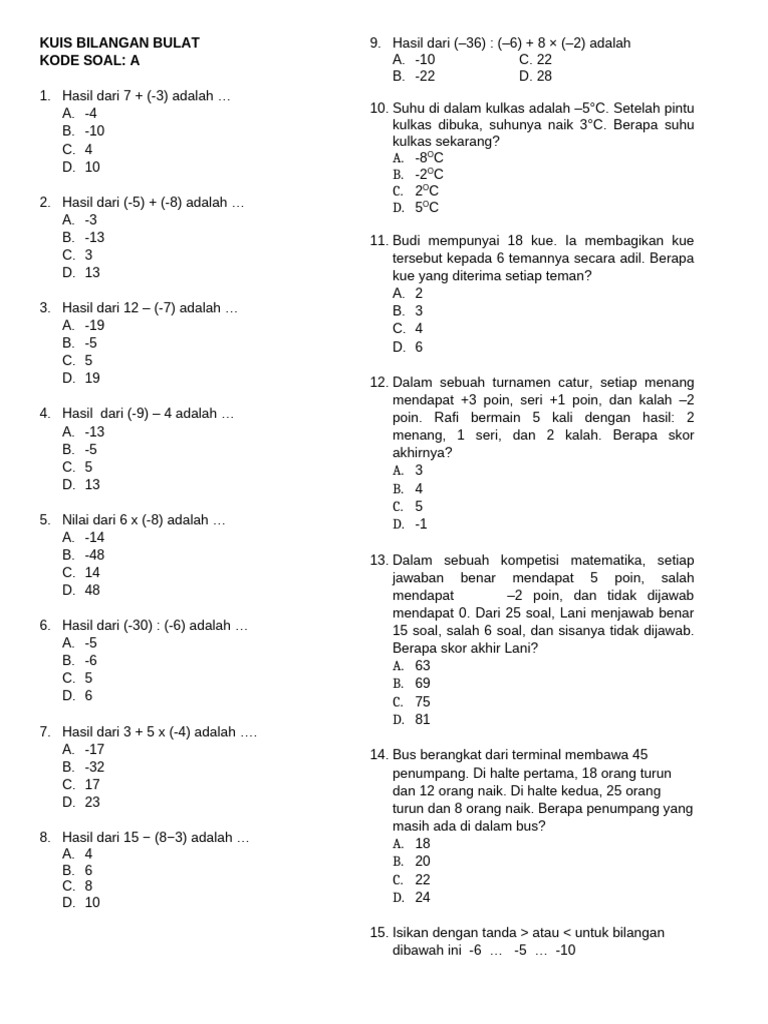 Kuis Bilangan Bulat dan Operasi Matematika | PDF