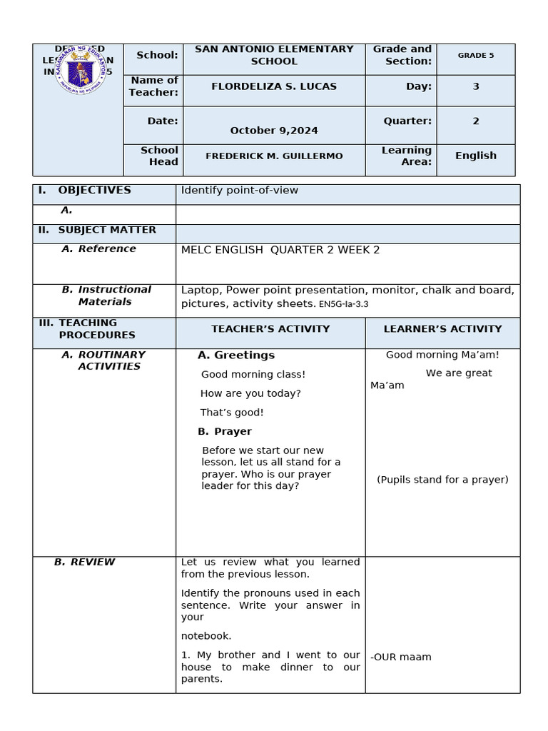 DLP English 5 q2 w2 Day3 | PDF | Narration