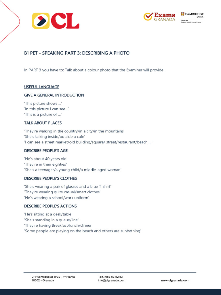 B1 PET Speaking: Photo Description Guide | PDF