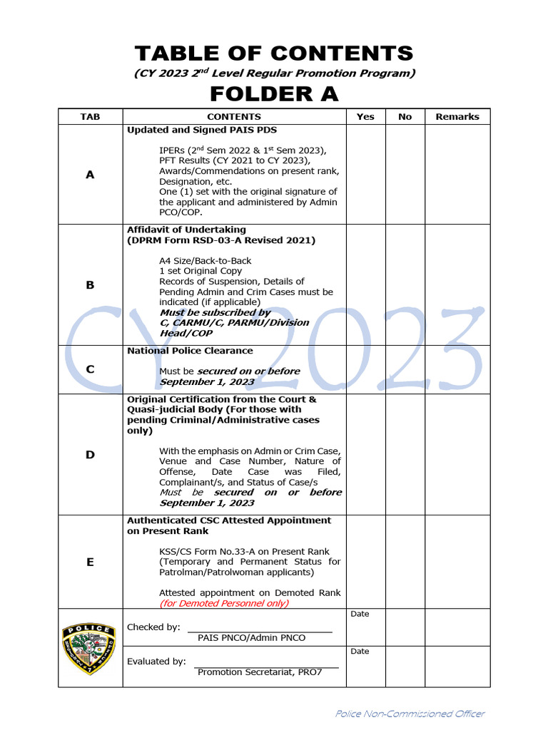Table of Contents Folder A Pnco | PDF