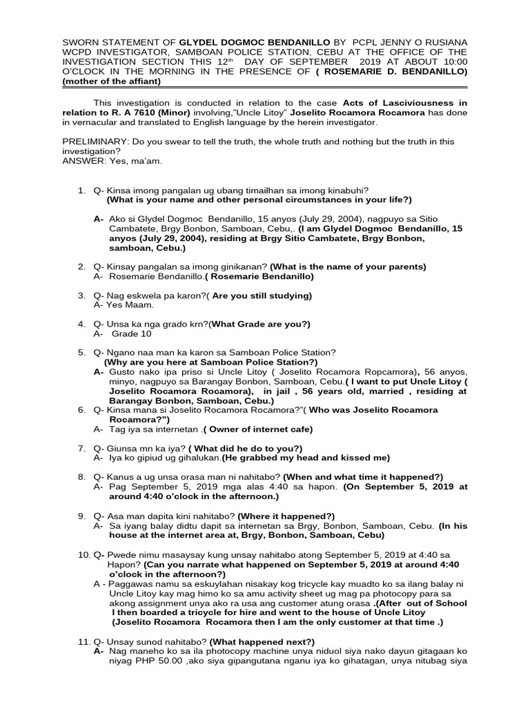 Sworn Statement: Glydel Bendanillo Case | PDF | Affidavit | Evidence