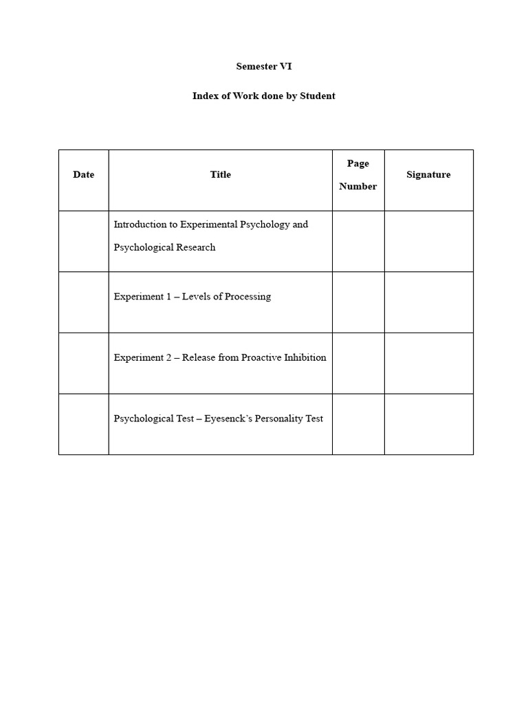 Semester VI Index of Work Done by Student: Introduction To Experimental ...