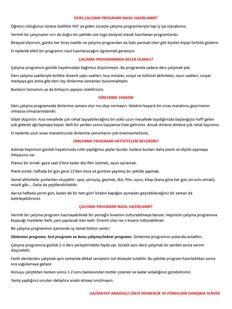 Ders Çalişma Programi Nasil Hazirlanir | PDF