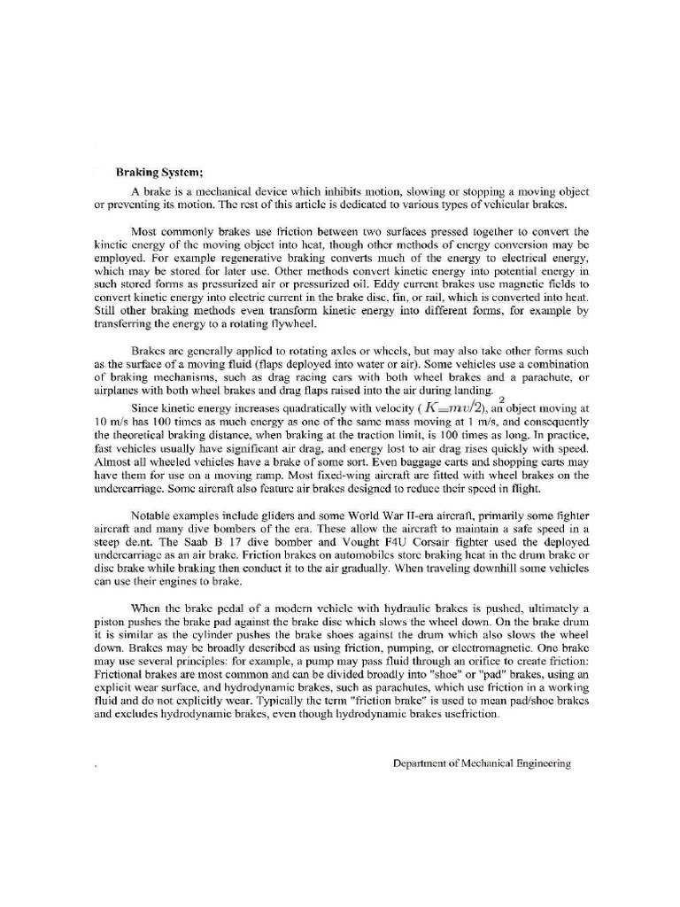 Braking Notes Automobile For Mechanical Engineering Students | PDF