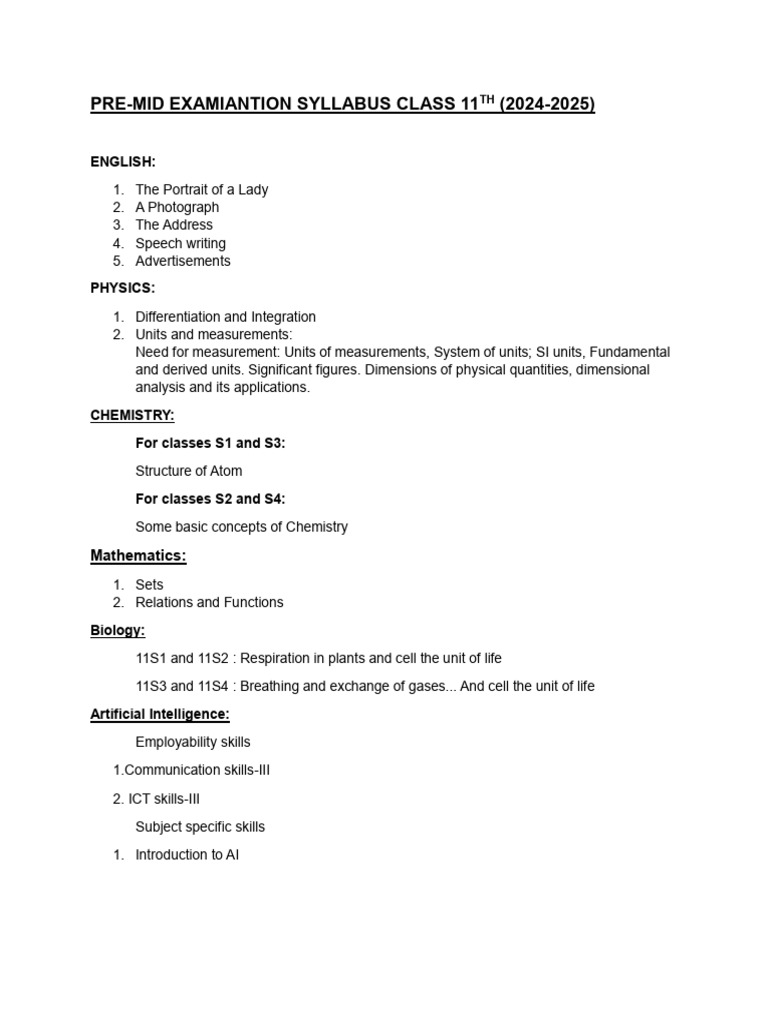 Class 11 Pre-Mid Exam Syllabus 2024-25 | PDF | Bit | Byte