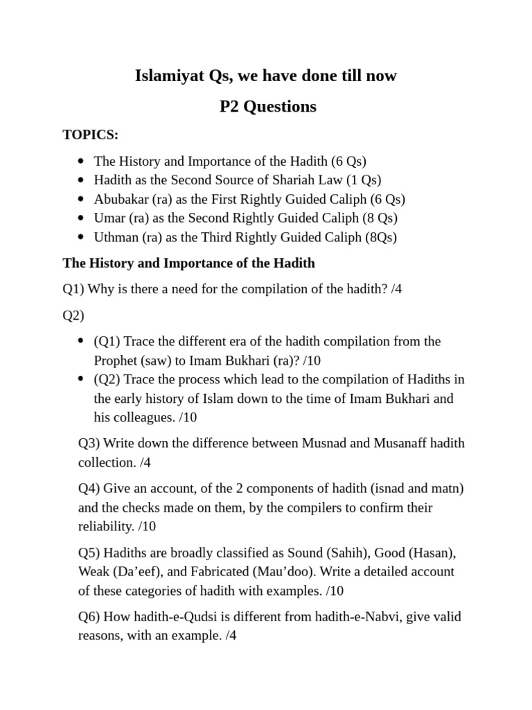Islamiyat p2 Questions (Till Hazrat Uthman R.a) | PDF | Hadith | Caliphate