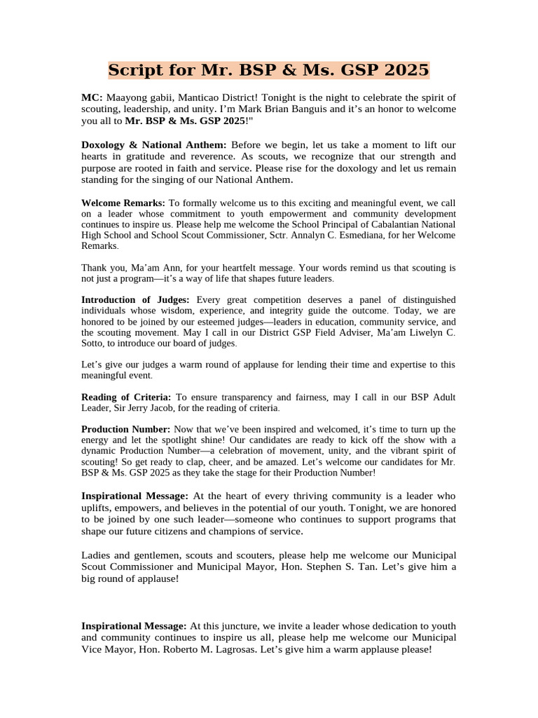 Script For Mr. BSP & Ms. GSP 2025 | PDF | Scouting