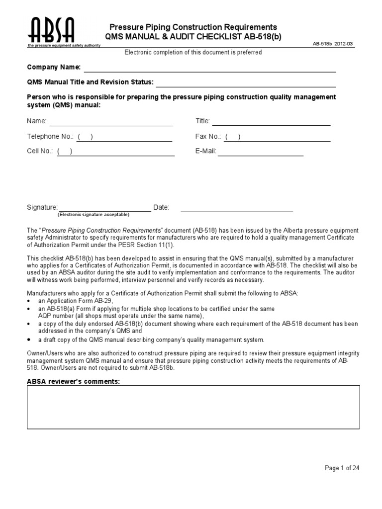 AB-518b Quality Manual and Audit Checklist | PDF | Audit | Calibration