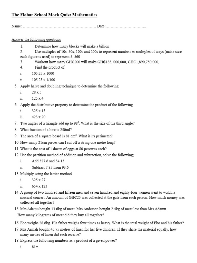 The Flobar School Mock Quiz Mathematics | PDF | Significant Figures | Angle
