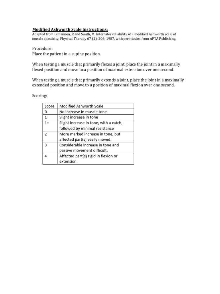 Modified Ashworth Scale Instructions | PDF