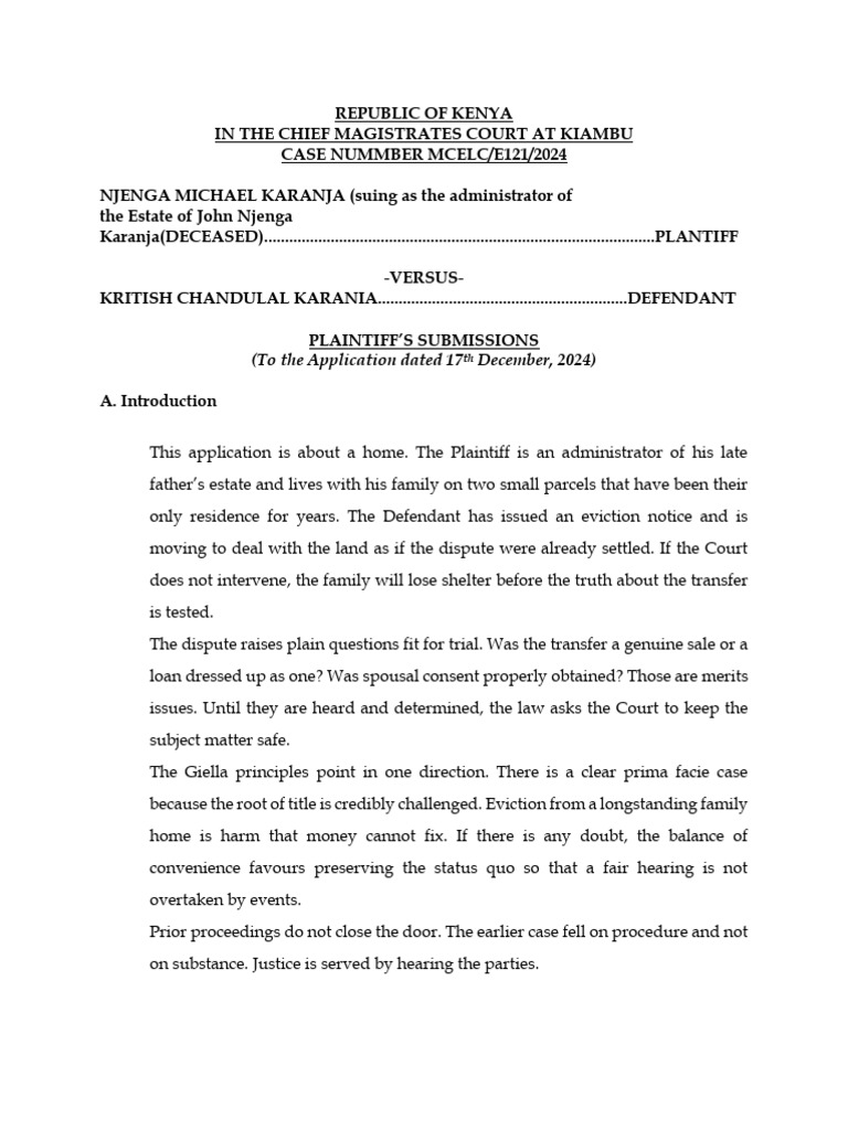 Submissions Kiambu Mcelc E121 of 2024 | PDF | Lawsuit | Injunction