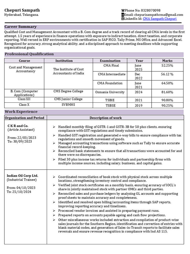 Cost and Management Accountant Profile | PDF | Taxes | Accounting