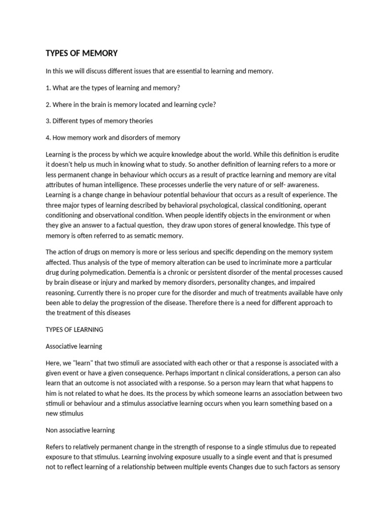 Types of Memory | PDF | Memory | Classical Conditioning