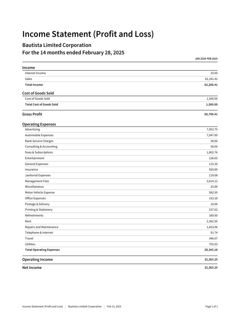 Bautista Limited Corporation - Income Statement Profit and Loss | PDF ...
