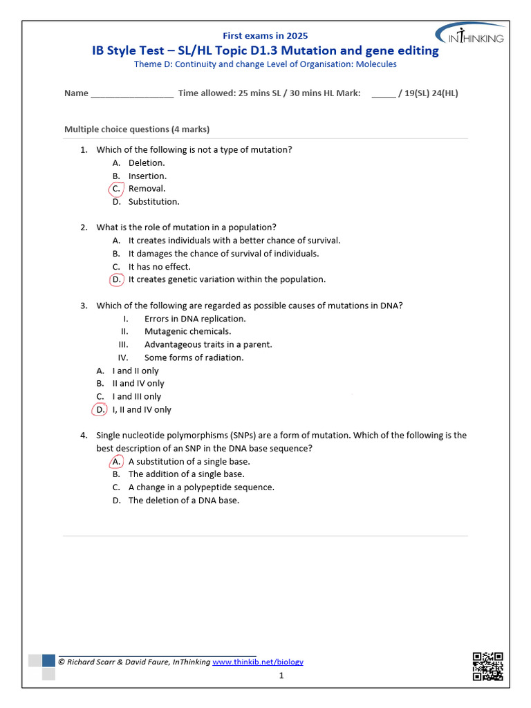 Mutation and Gene Editing Exam Key | PDF | Mutation | Gene
