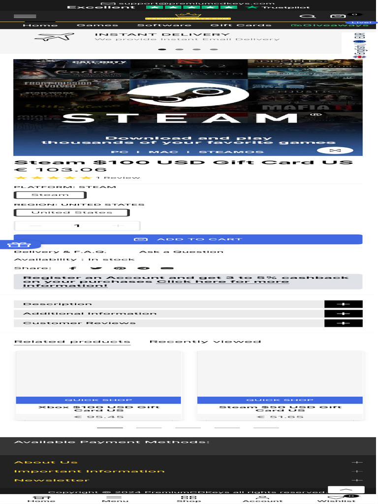 Buy Steam $100 USD Gift Card US | PDF