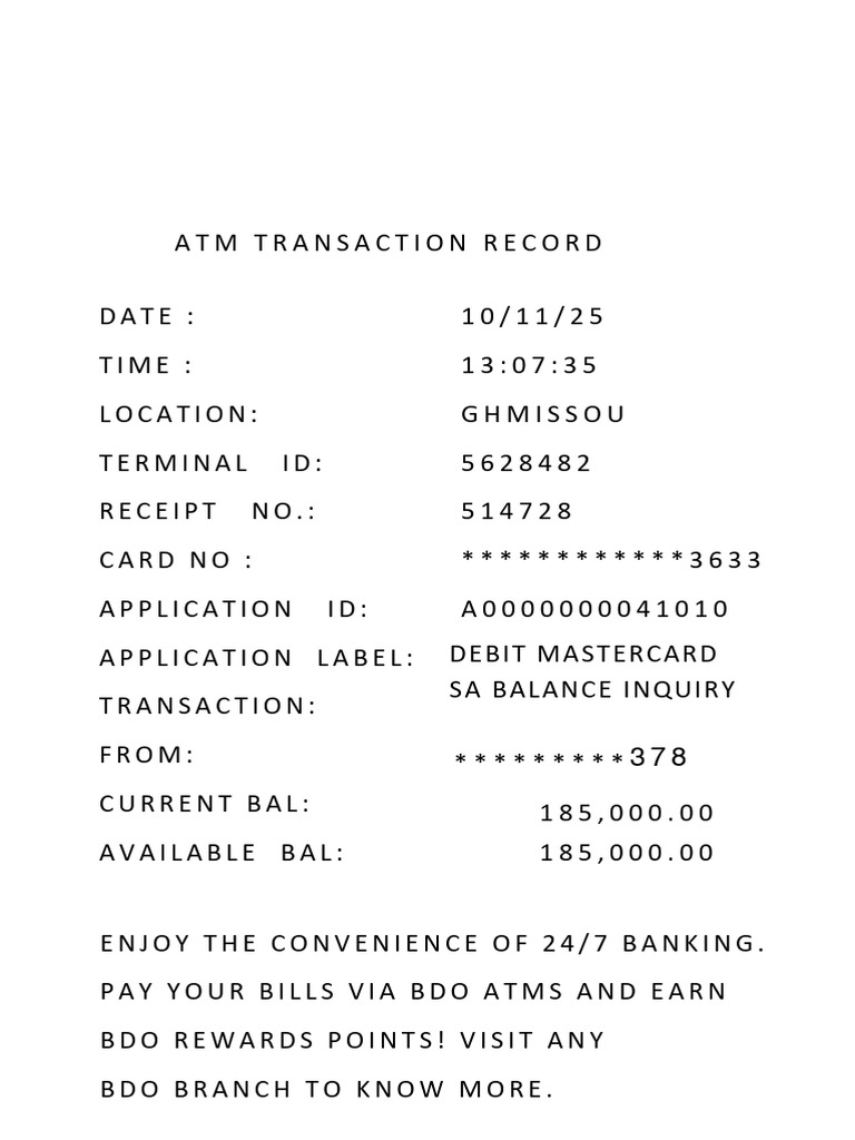 Atm Bdo Receipt - 20251011 - 131854 - 0000 | PDF