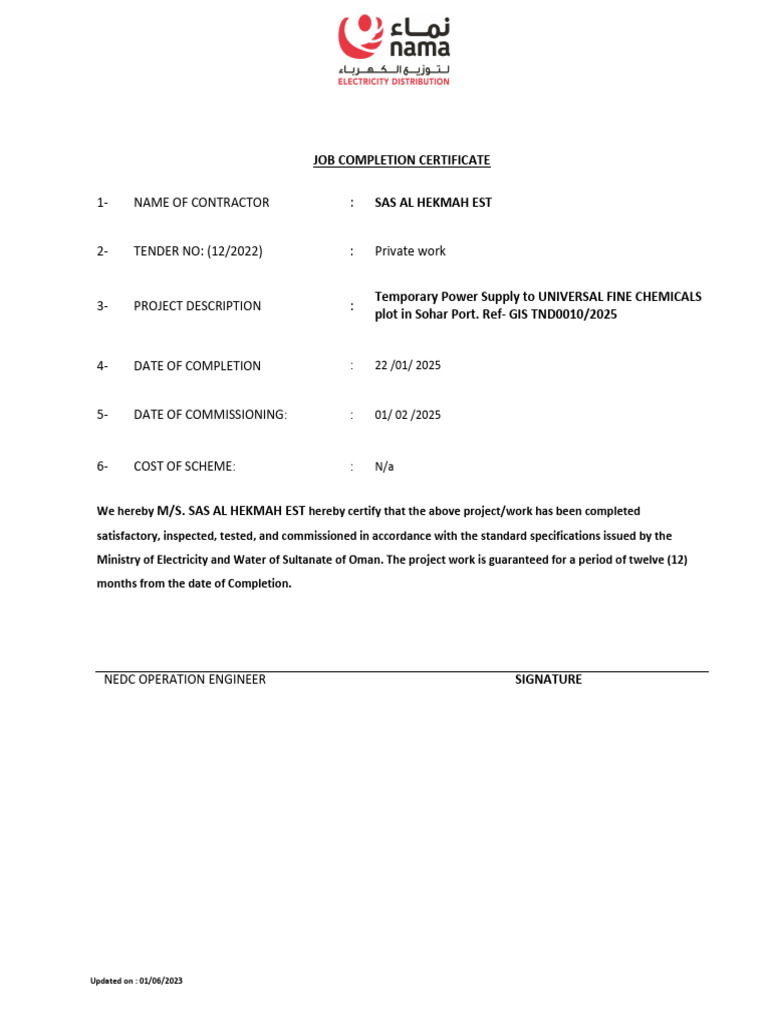 Job Completion Certificate - UNIVERSAL FINE CHEM | PDF
