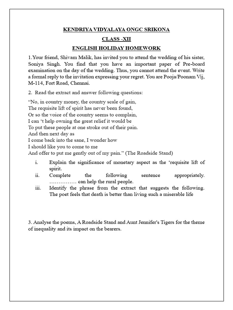 Class XII Holiday Homework | PDF