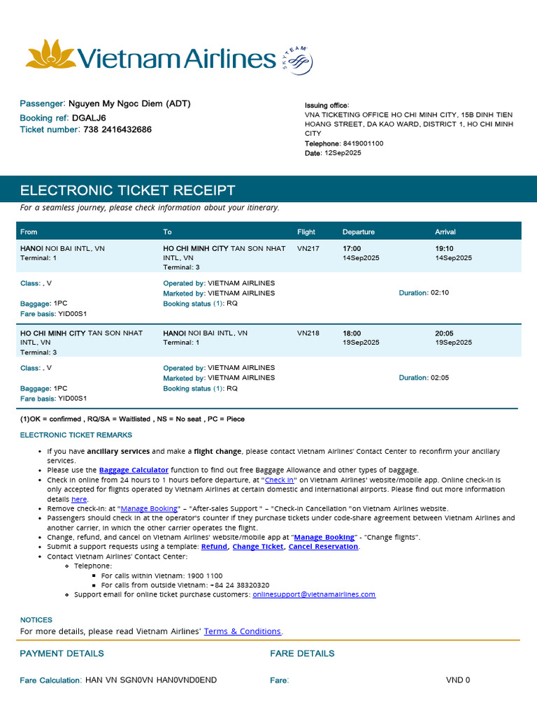 Vietnam Airlines Electronic Ticket Details | PDF