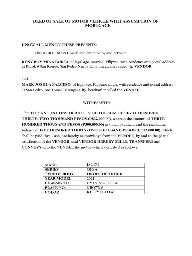Deed of Sale W Assumption Mortgage | PDF | Money | Credit