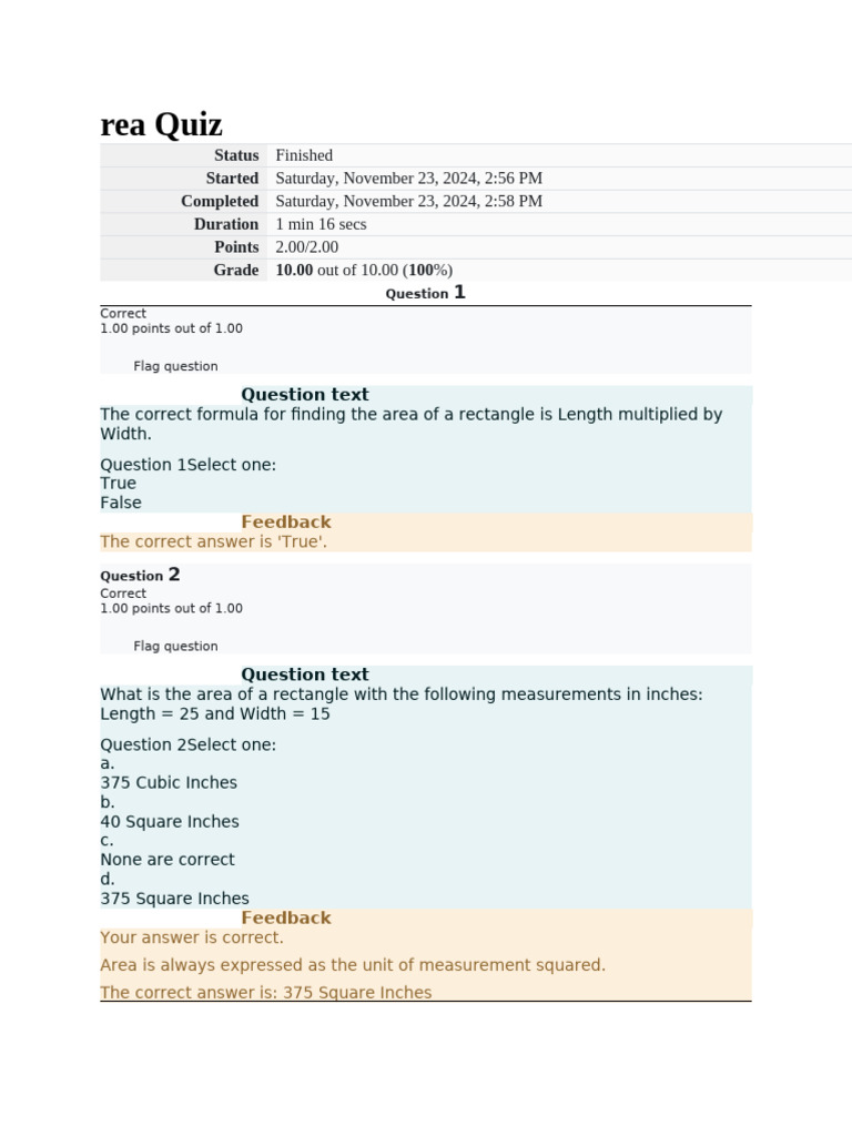 Area Quiz Results and Answers | PDF