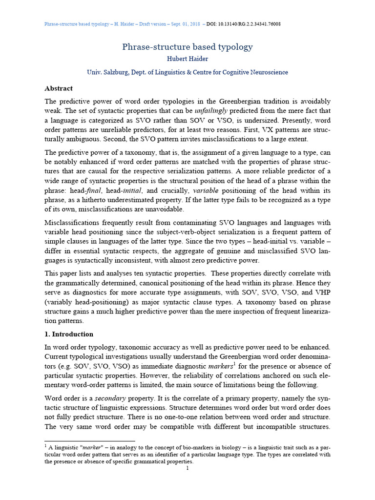 Haider-Phrase Structure Based Typology | PDF | Adjective | Linguistic Typology