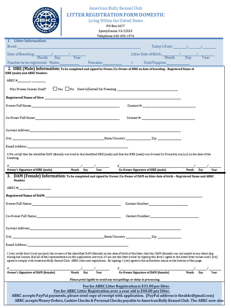 ABKC Litter Registration Form | PDF | Horse Breeding | Dog Breeding