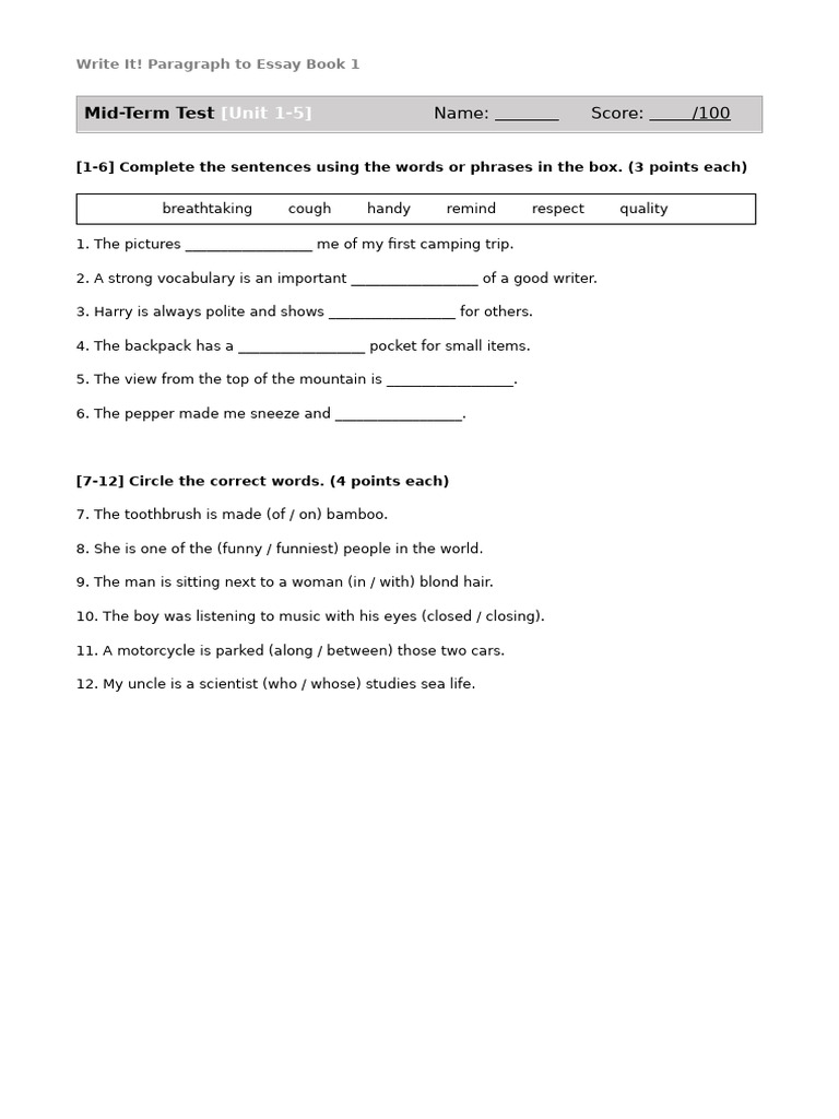 Write It Paragraph To Essay 1 - Mid-Term Test | PDF