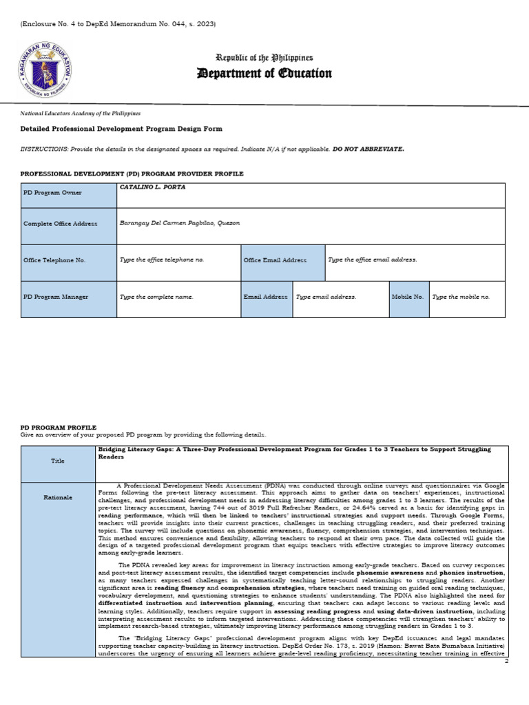 Enclosure-No.-4-Detailed-PD-Program-Design-and-M - E-Plan-Form-1 - New Template | PDF | Phonics ...