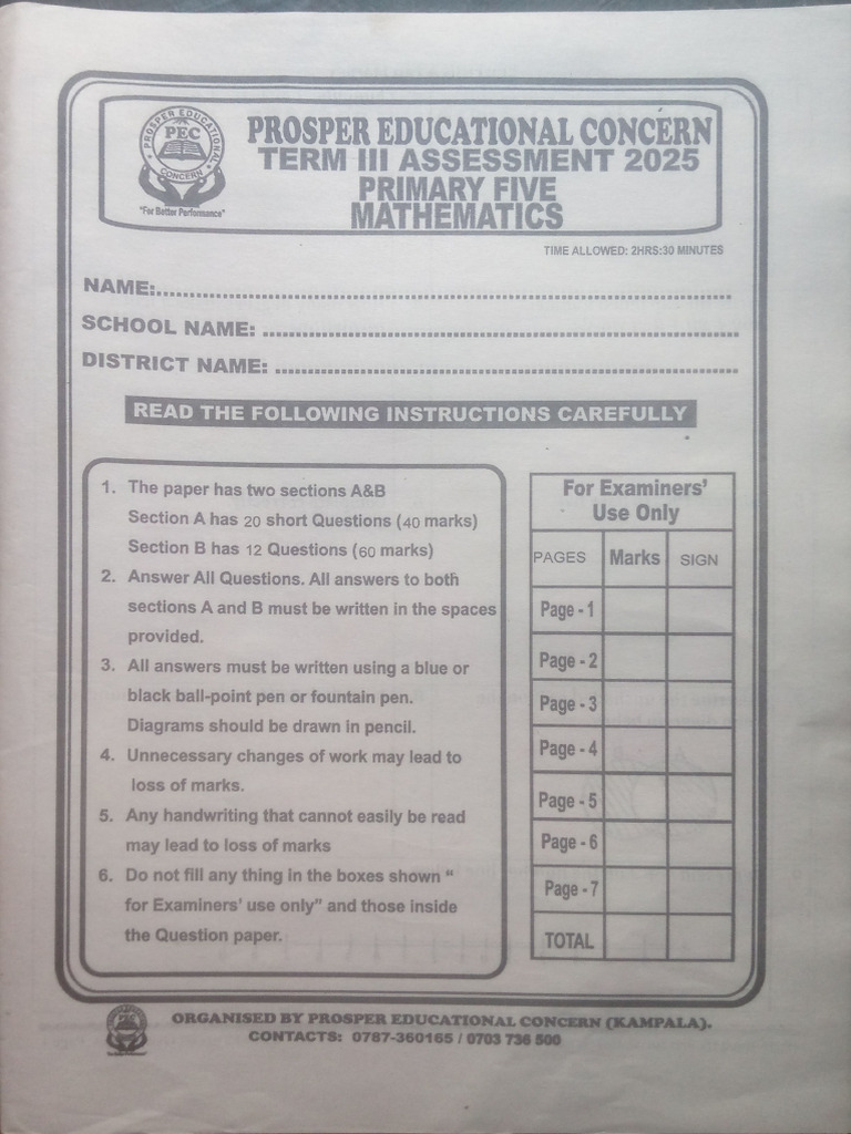 Mathematics Primary Five Mid-Term III 2025 | PDF