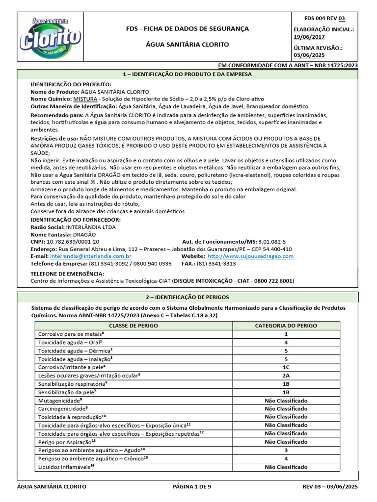 Fds - Água Sanitária - Clorito | PDF | Cloro | Química