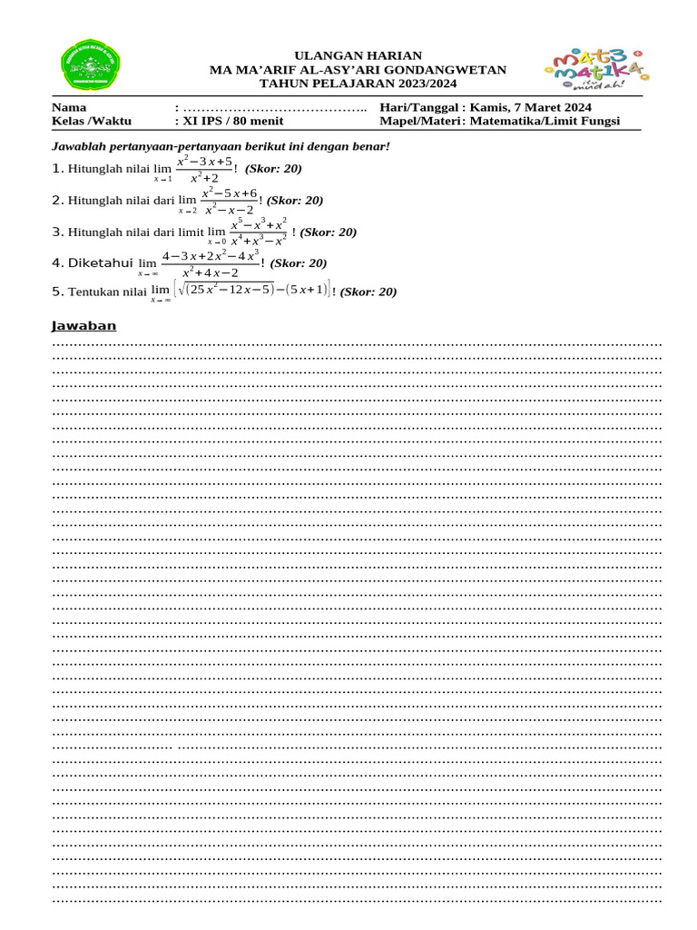 UH Mat Limit XI 23-24 | PDF