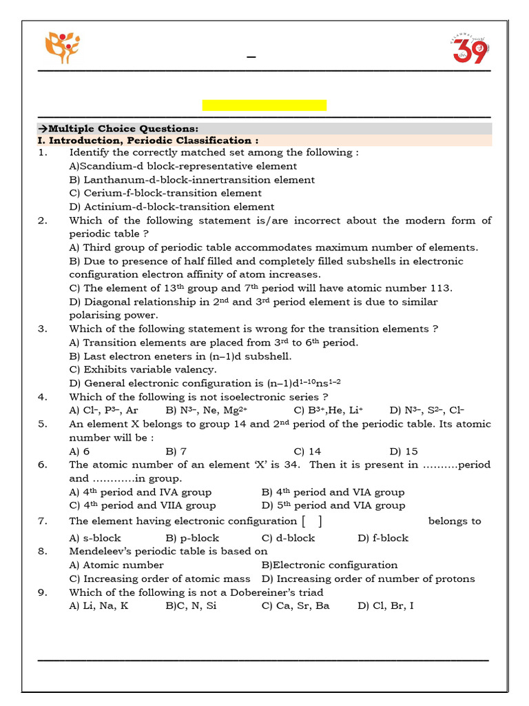 NEET Chemistry Periodic Table Worksheet | PDF | Periodic Table ...