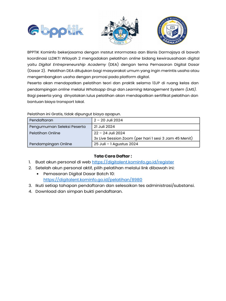 Pelatihan Pemasaran Digital Gratis 2024 | PDF