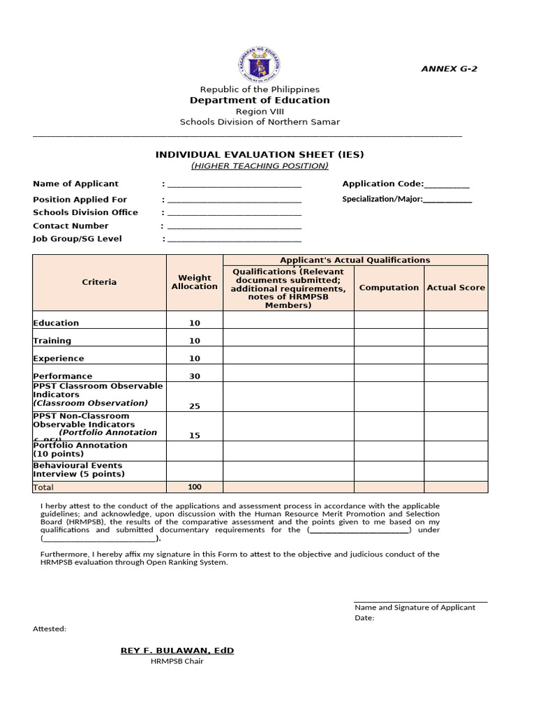 Individual Evaluation Sheet Annex G 2 | PDF