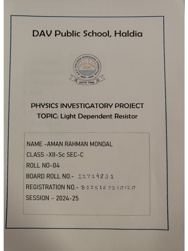 Physics Investigatory Project Sample (Light Dependent Resistor) | PDF