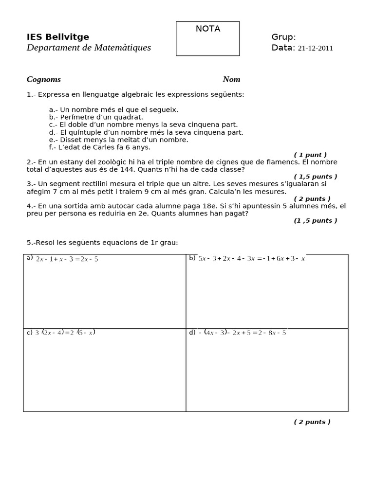 Examen Equacions 2n ESO | PDF