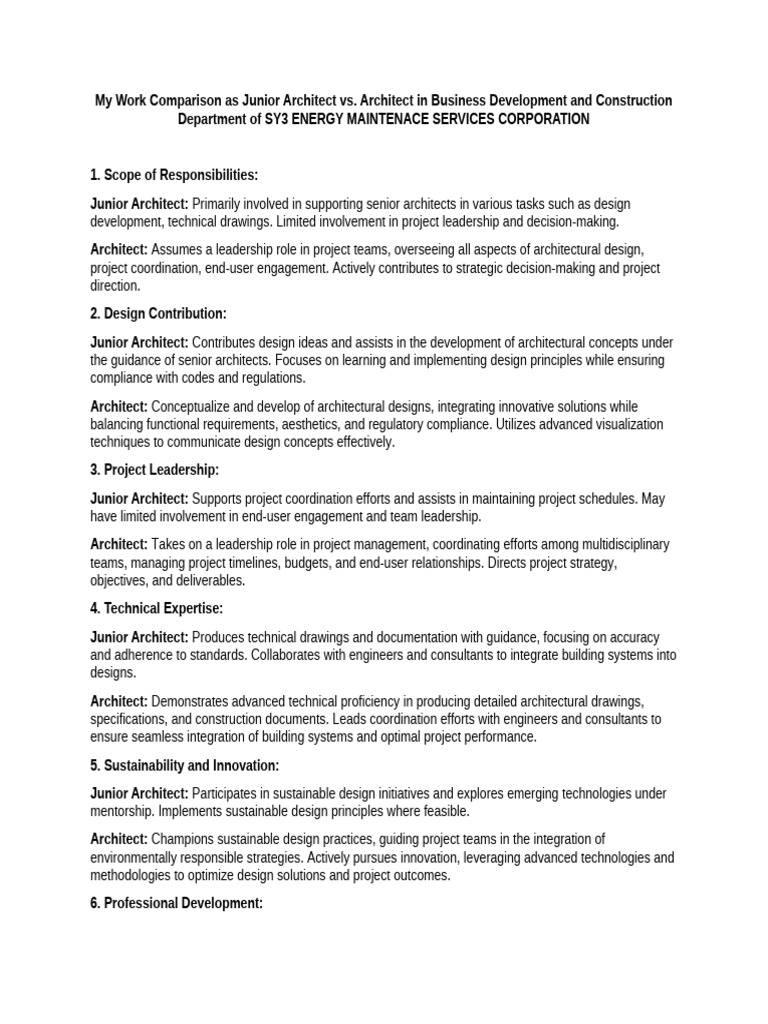 Work Comparison As Jr. Arch vs. Arch | PDF | Architect | Leadership