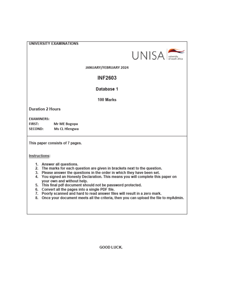 INF2603 Jan Feb 2024 Exam Example | PDF | Databases | Relational Model