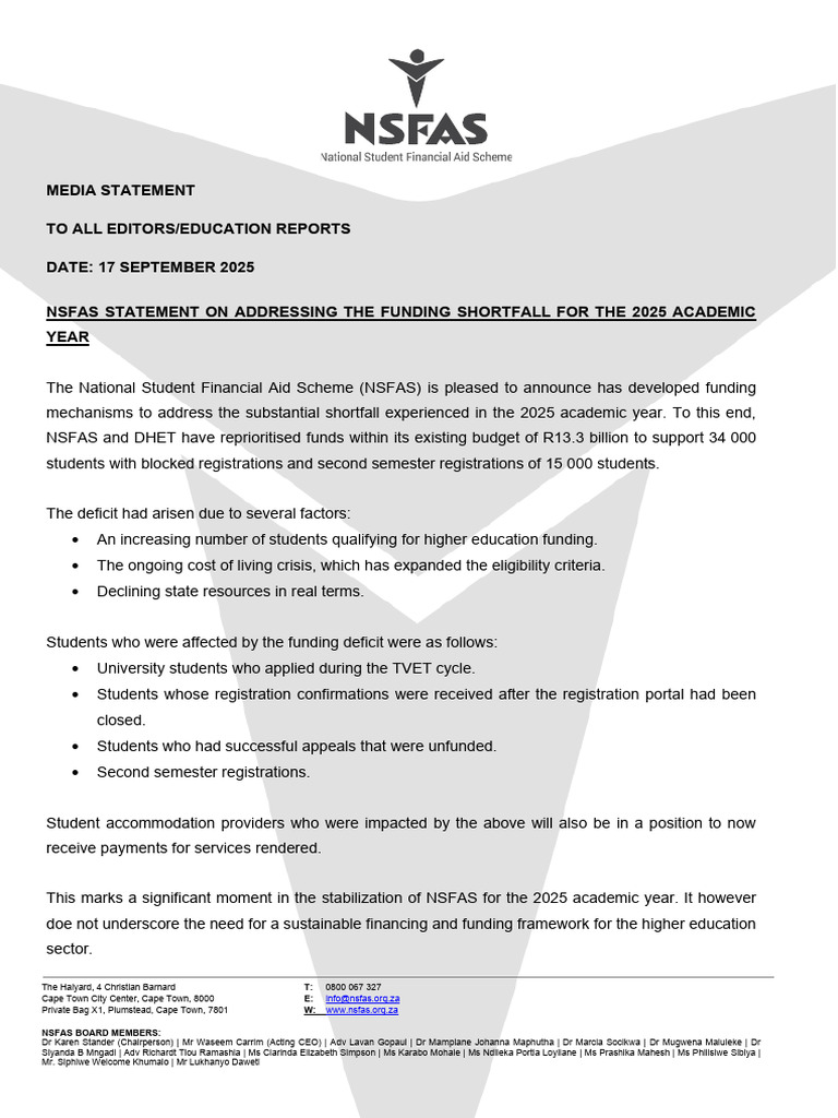 Nsfas Statement On Addressing The Funding Shortfall For The 2025 ...