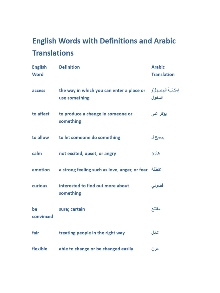 English Words With Definitions and Arabic Translations - Unit 1 - VP | PDF