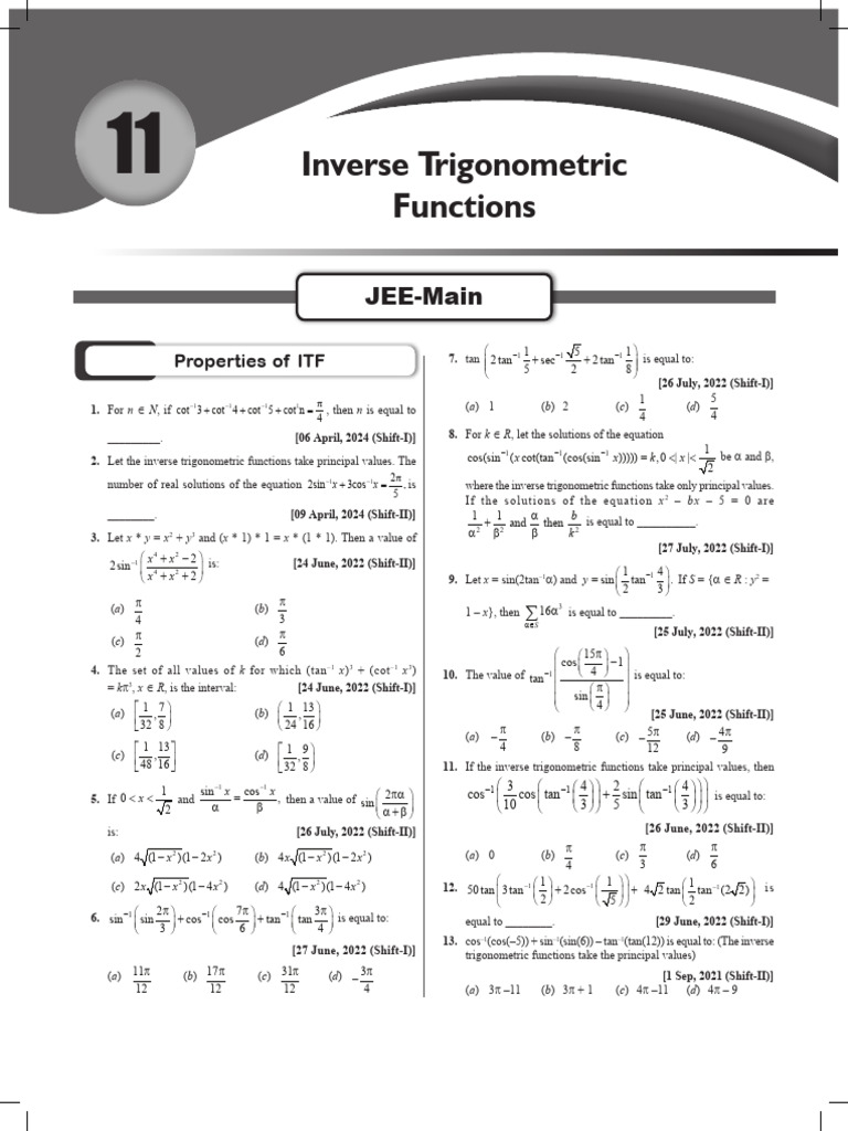 JEE Mains ITF Properties and Problems | PDF | Trigonometric Functions ...