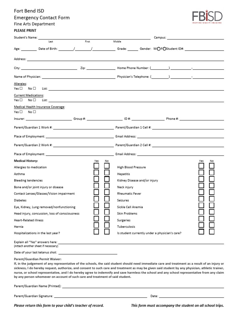 FBISD Emergency Contact Form - Fillable | PDF | Diseases And Disorders ...