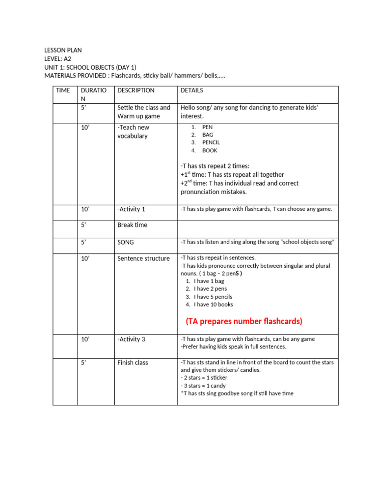 A2 Lesson Plan: School Objects Activities | PDF