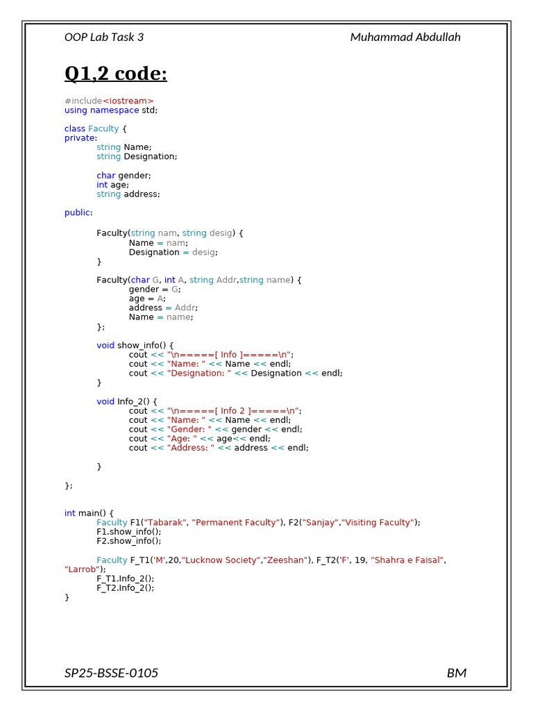 Sp25-BSSE-0105, OOP Lab Task 3 | PDF | Computer Programming | C++